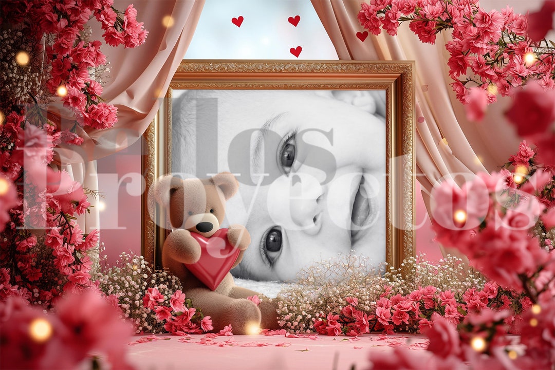 Valentines Digital Overlay Photo Frame Photoshop Pink Background Teddy ...
