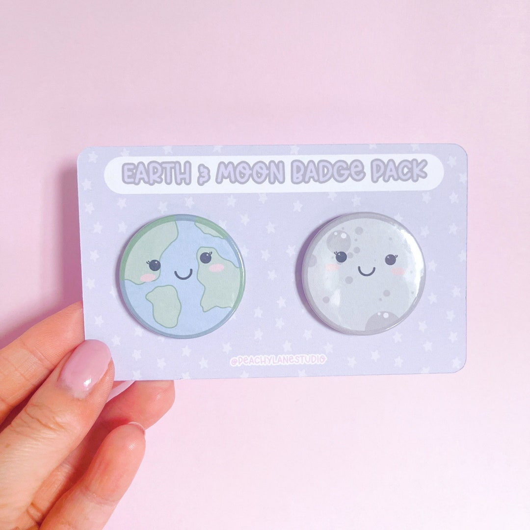Kawaii Earth and Moon Pin Badges Pack, Set of 2 Cute Badges, Bestie ...