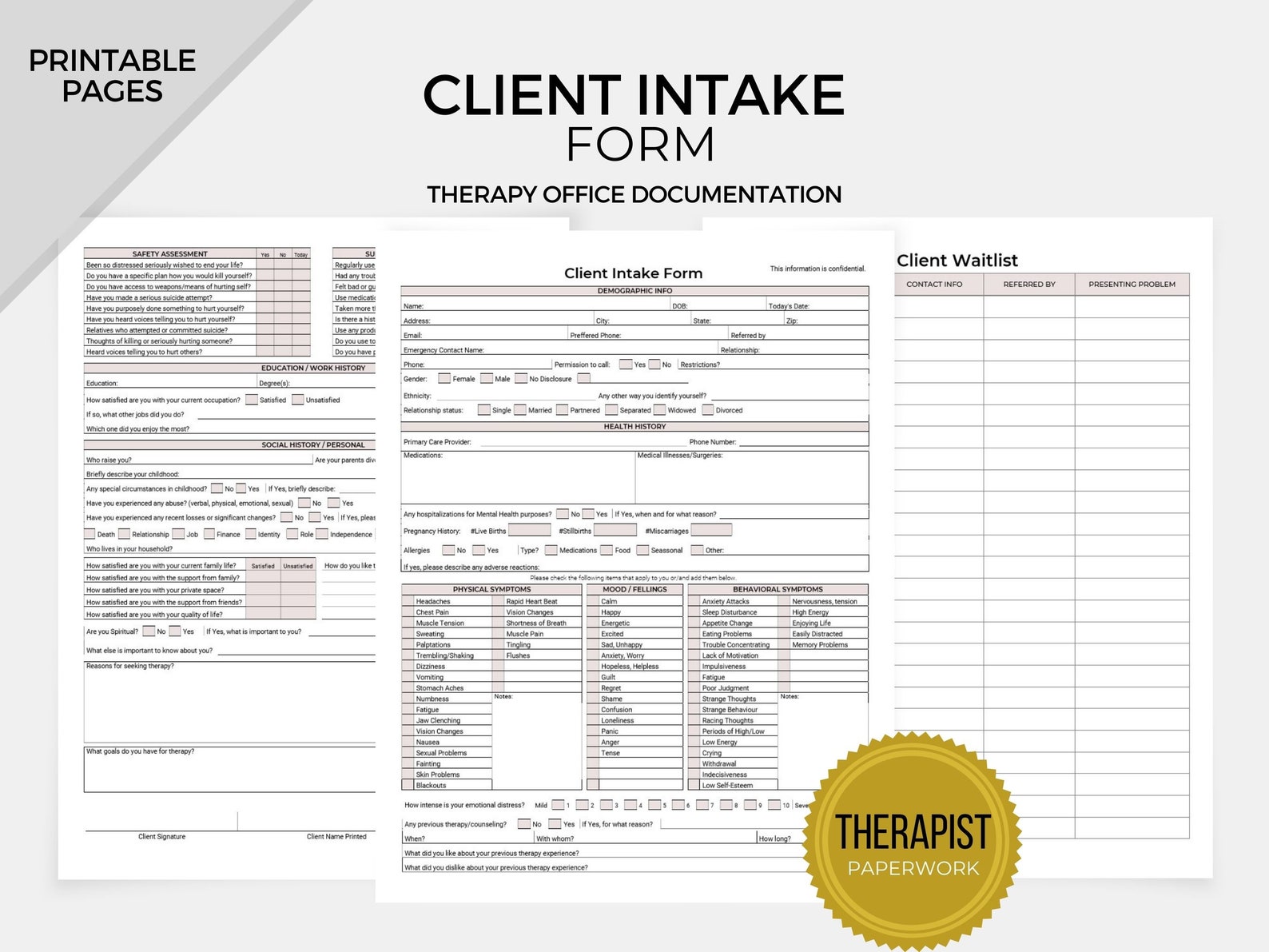Client Intake Form Printable Therapy Office Documentation - Etsy