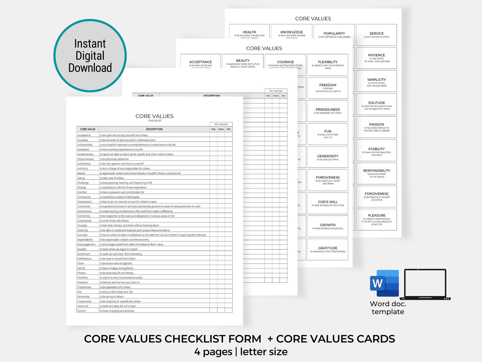 Identifying Core Values Worksheets Clarification Core Values - Etsy