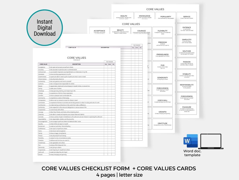 Identifying Core Values Worksheets Clarification Core Values - Etsy