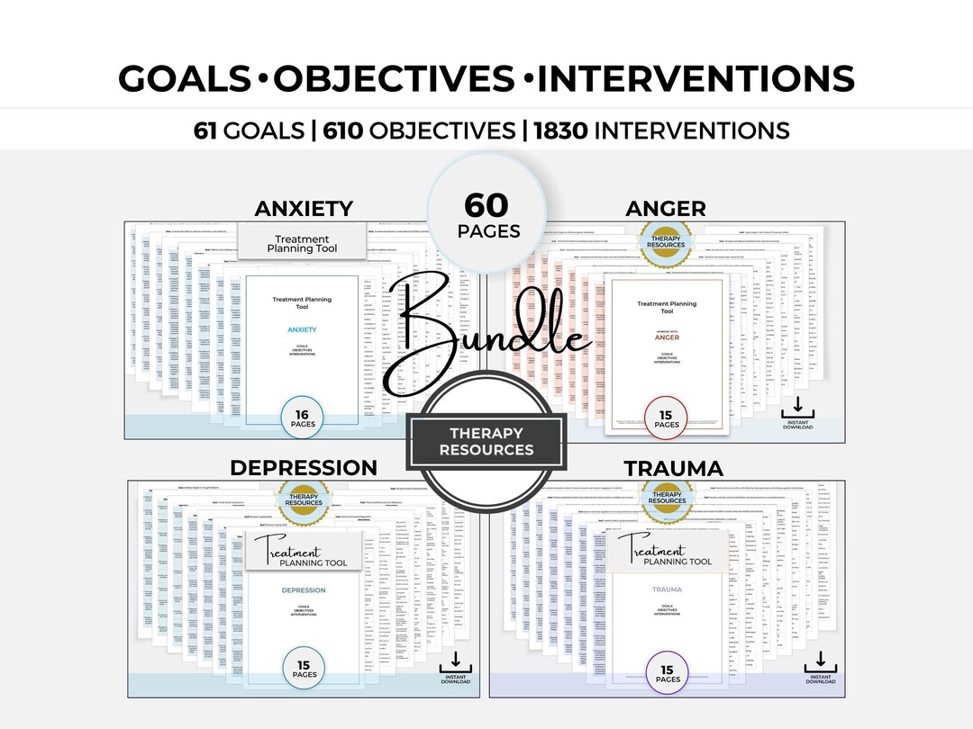 Therapy Goals and Interventions Bundle – Anxiety, Depression, Trauma ...