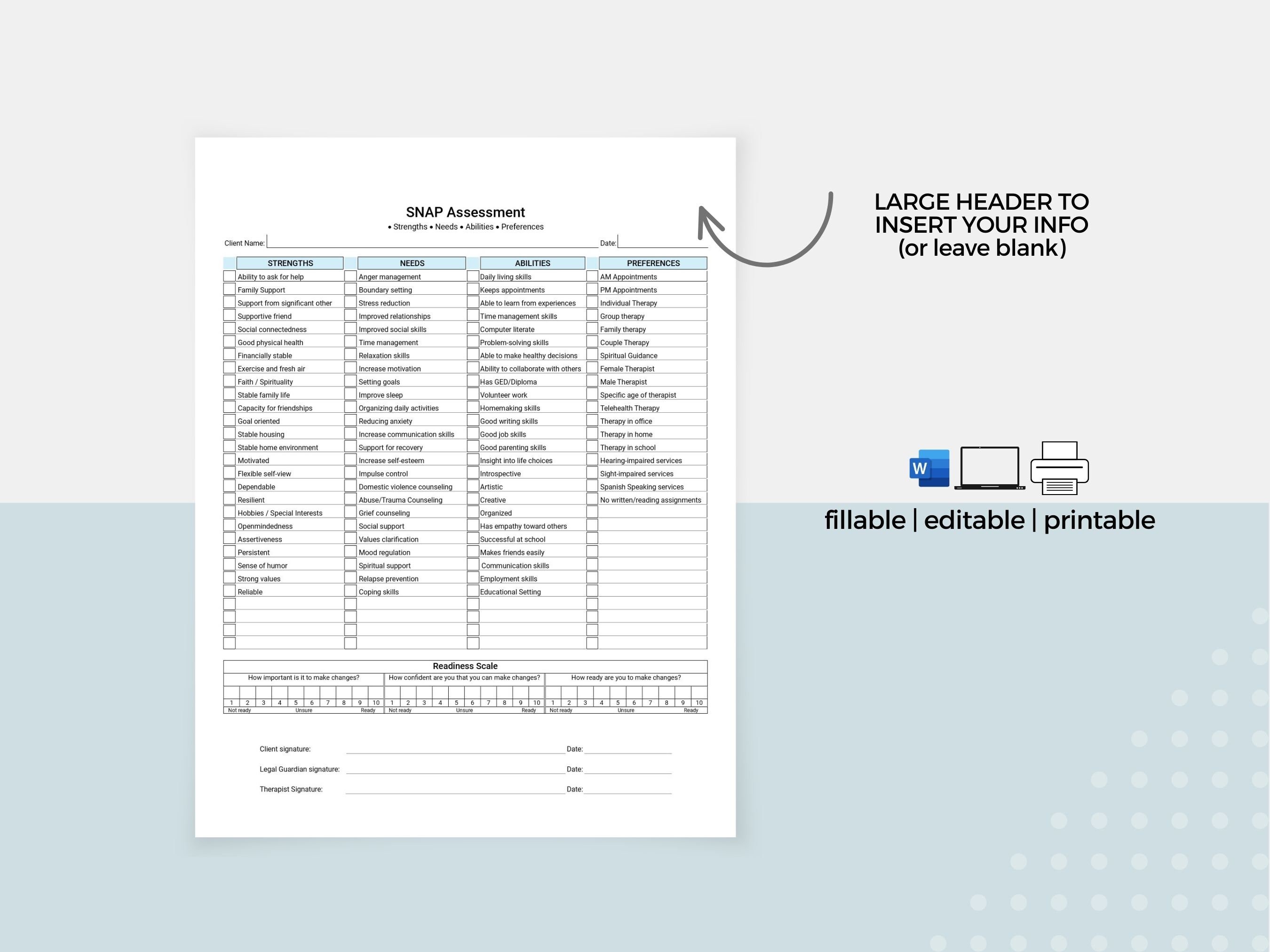 Strengths, Needs, Abilities, Preferences Assessment Template Fillable ...