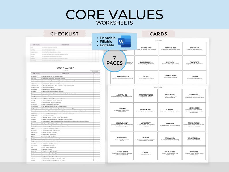 Identifying Core Values Worksheets, Clarification Core Values, CBT ...