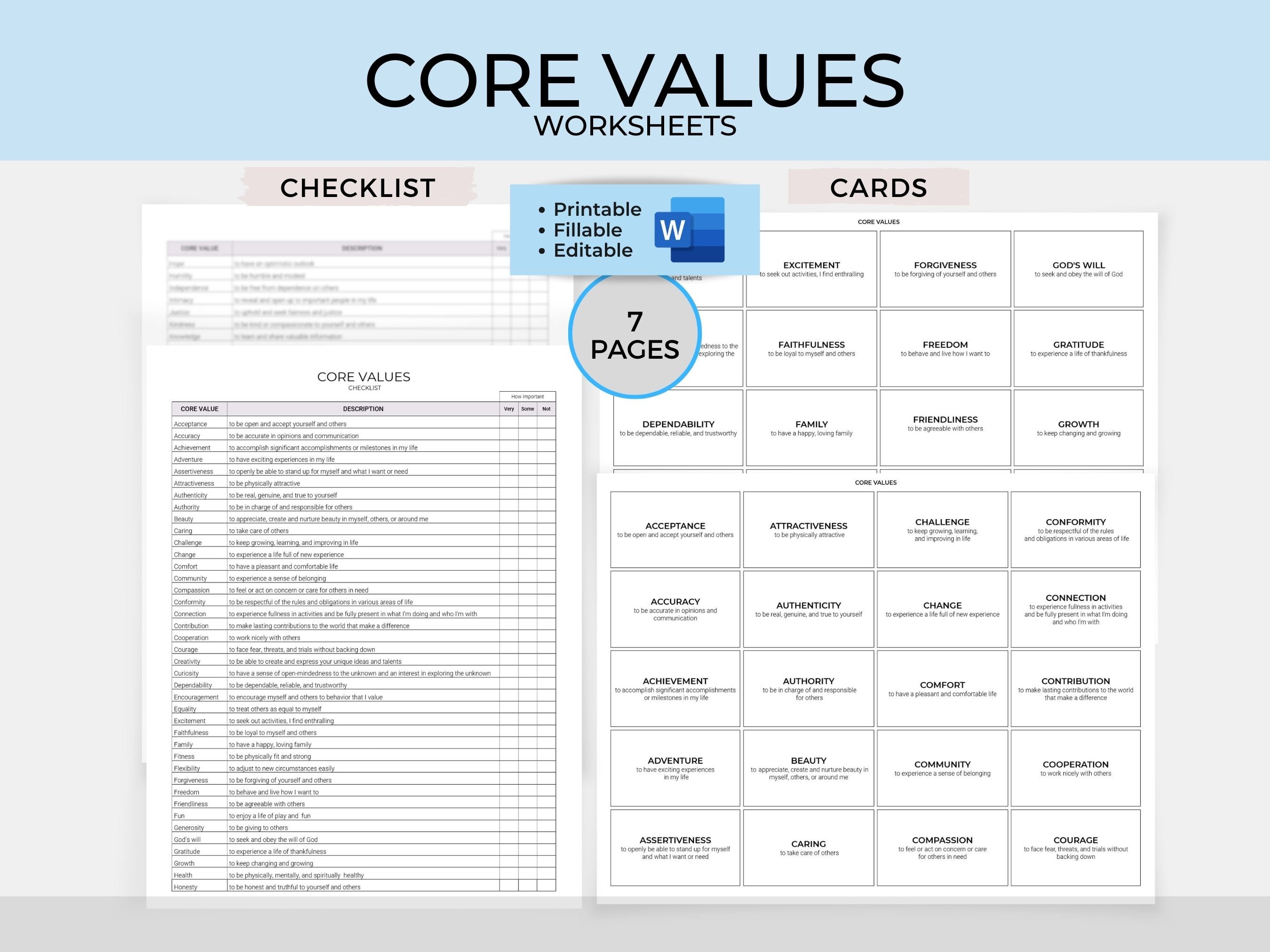 Identifying Core Values Worksheets, Clarification Core Values, CBT Worksheet - Etsy