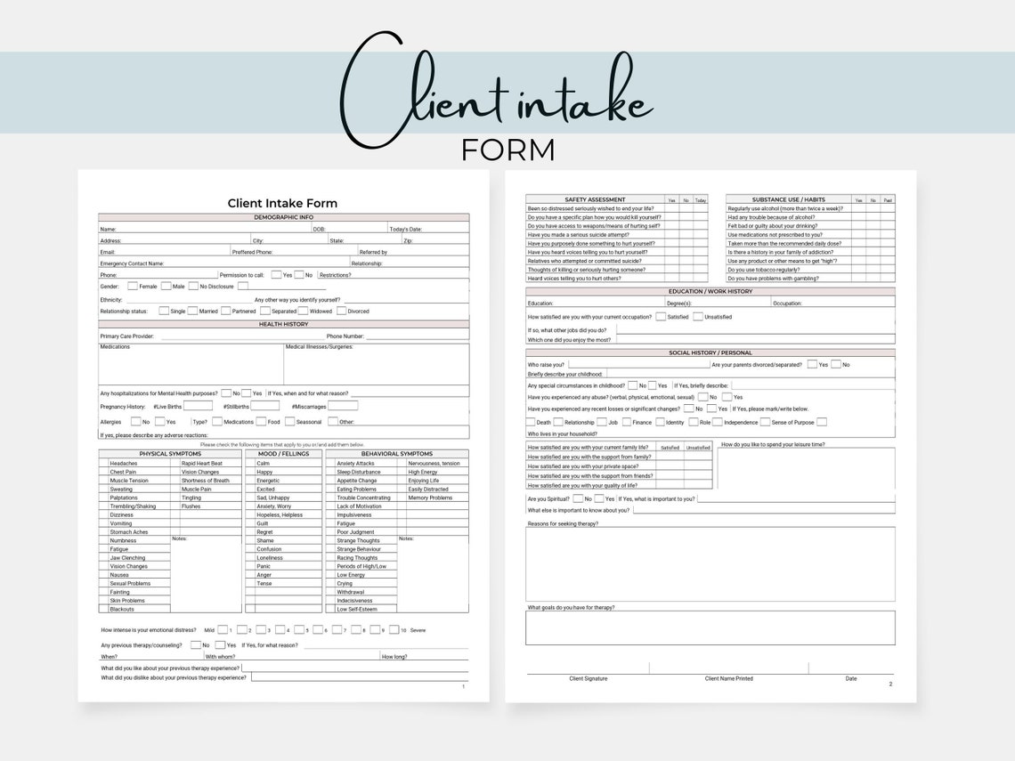 Psychotherapy Documentation Bundle, Client Intake Form, Interventions ...