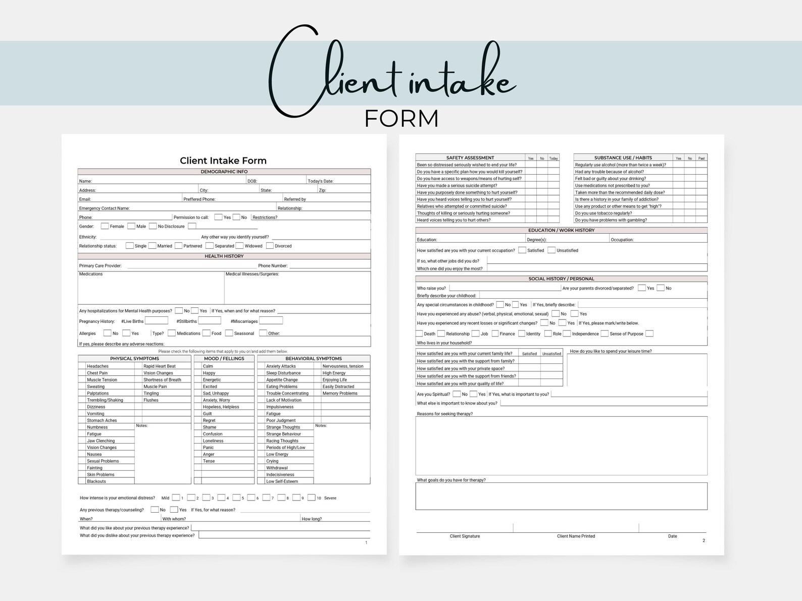 Psychotherapy Documentation Bundle, Client Intake Form, Interventions ...