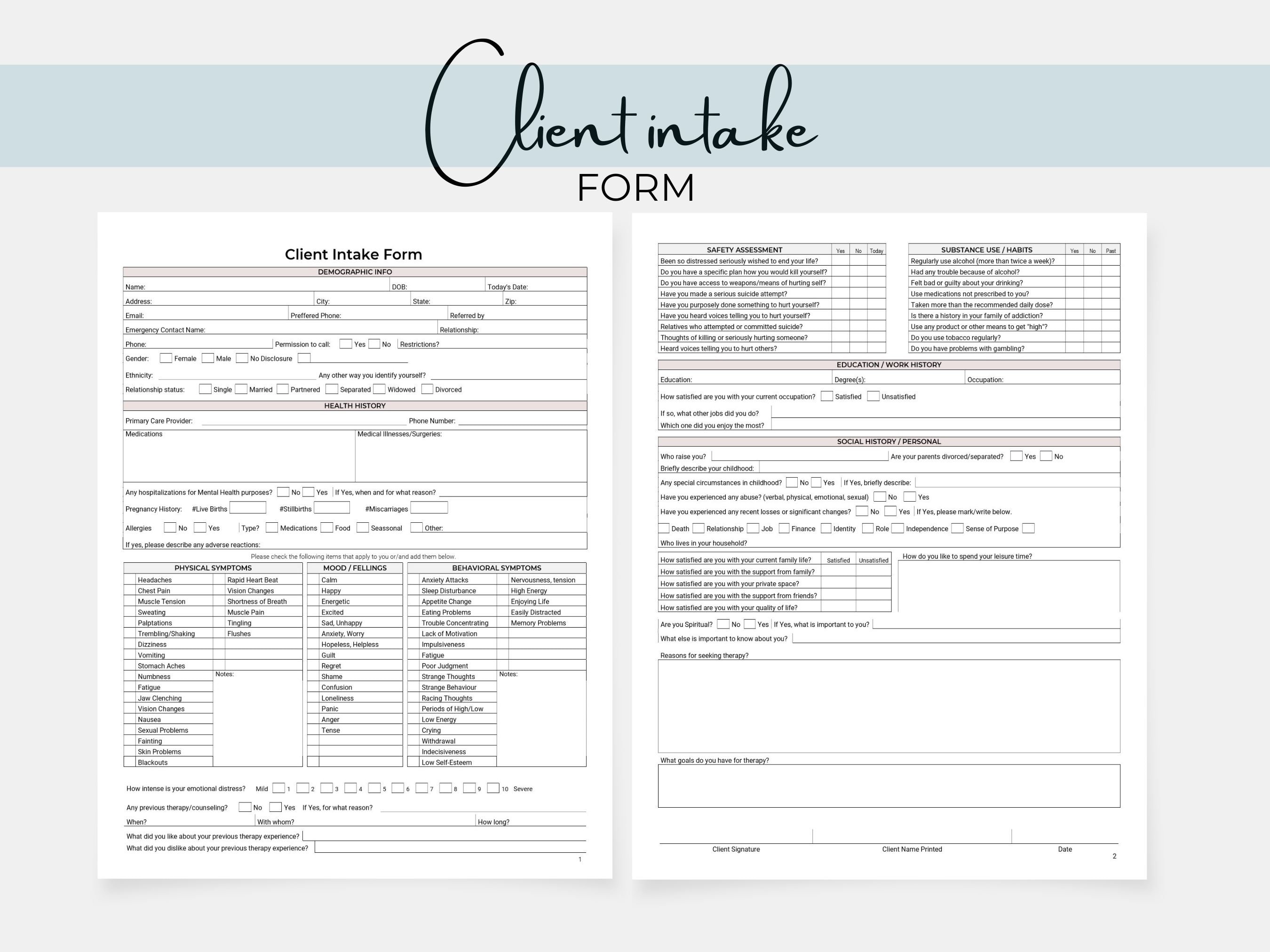 Psychotherapy Documentation Bundle, Client Intake Form, Interventions ...