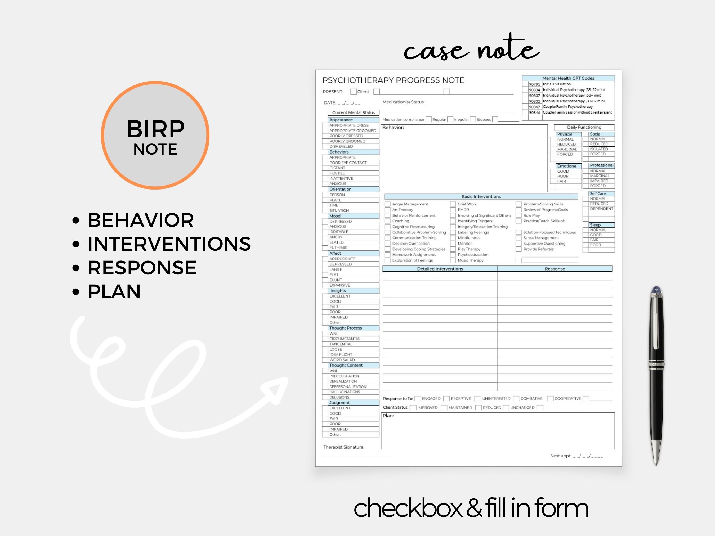 Psychotherapy Progress Note Template, BIRP Note Printable, Therapy ...