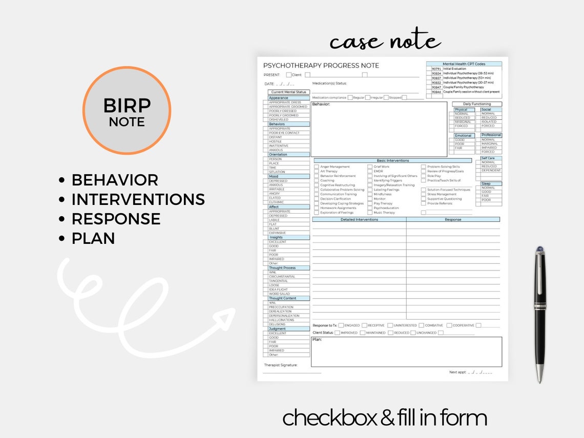 Psychotherapy Progress Note Template BIRP Note Printable - Etsy