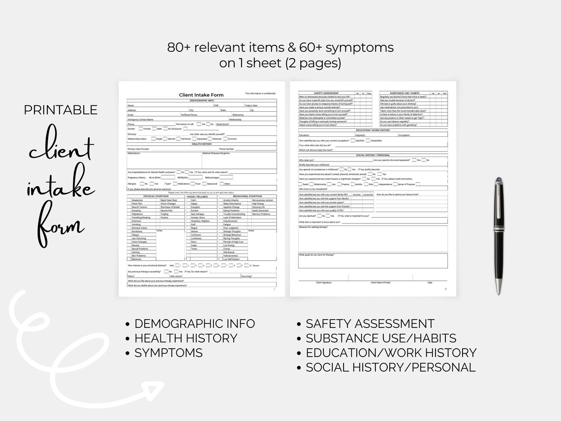 Client Intake Form Printable Therapy Office Documentation - Etsy