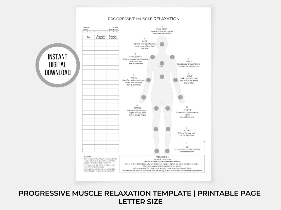 Progressive Muscle Relaxation Template, CBT Techniques Printable ...