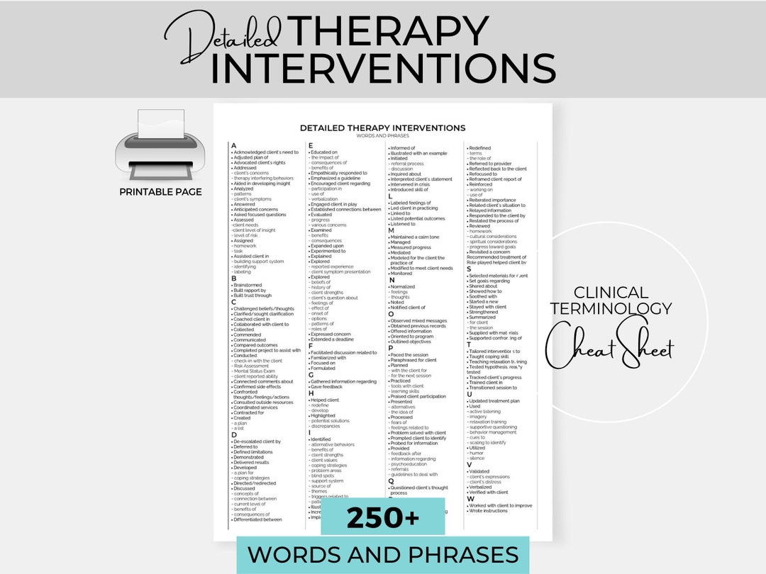 Therapy Interventions List, Clinical Terms Cheat Sheet, Reference for ... Therapy Interventions List, Clinical Terms Cheat Sheet, Reference for ...