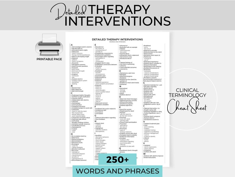 Therapy Interventions List, Clinical Terms Cheat Sheet, Reference for ...