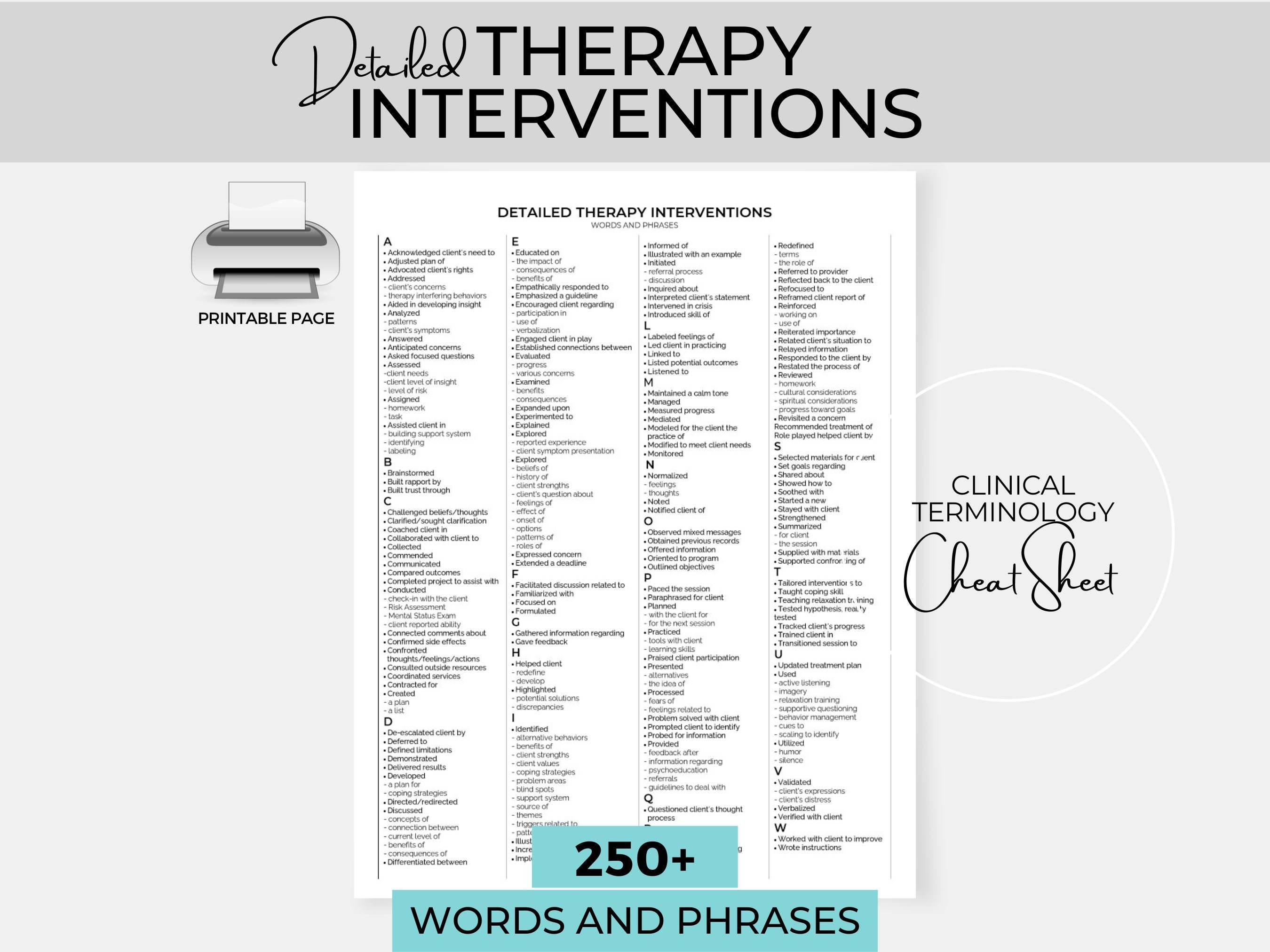 Therapy Interventions List, Clinical Terms Cheat Sheet, Reference for ...