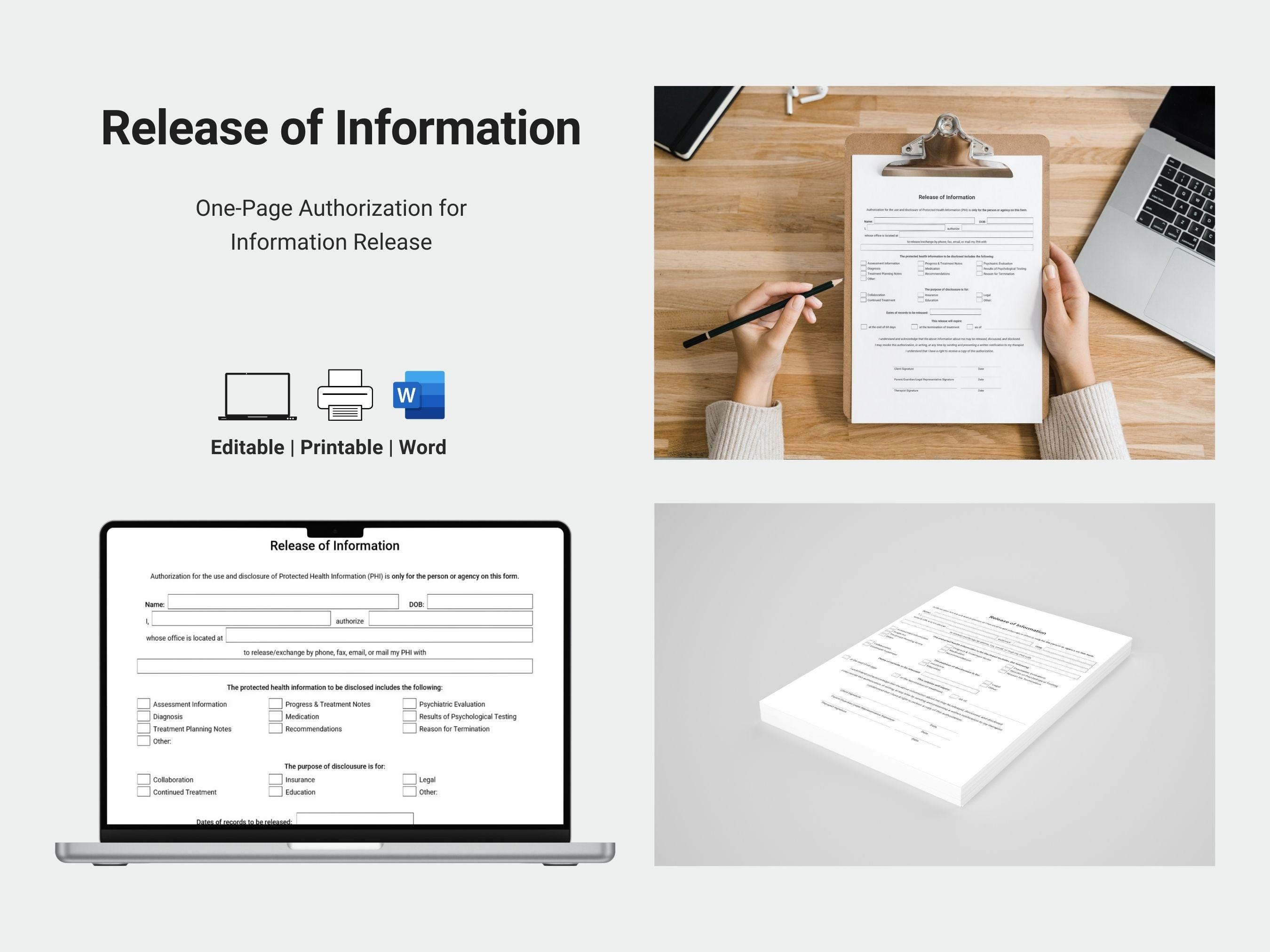 Release of Information, Therapy Practice Authorization Form (word Form ...