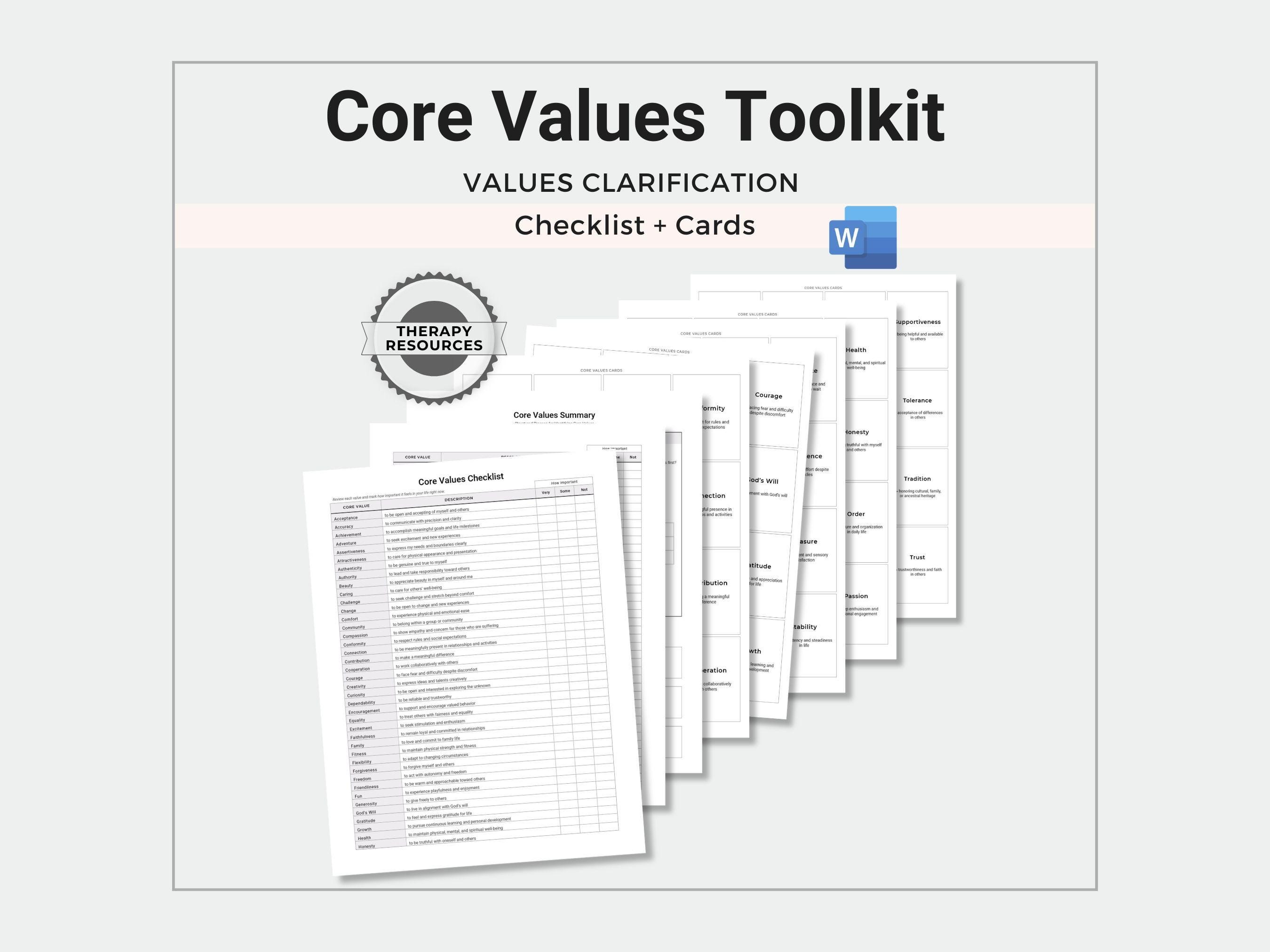 Core Values Worksheets, Values Clarification Checklist & Cards - Etsy