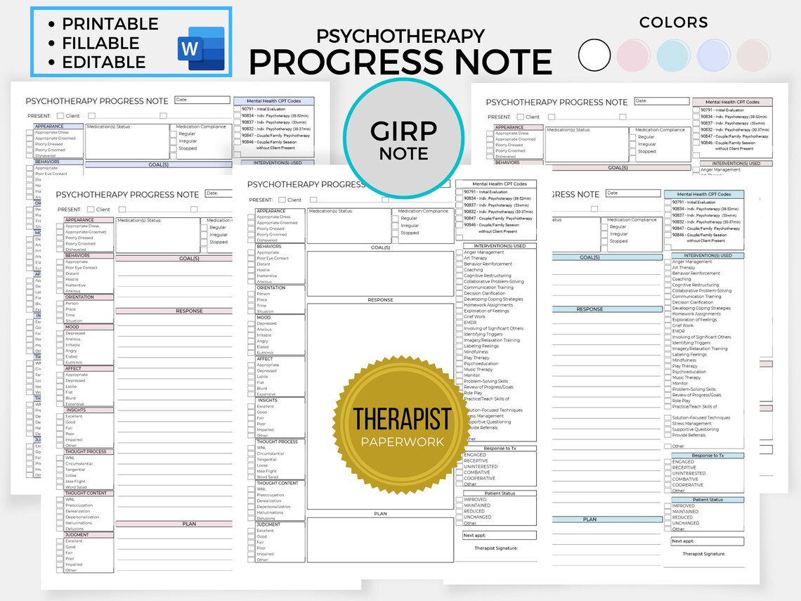 Psychotherapy Progress Note Template GIRP Note Therapy - Etsy