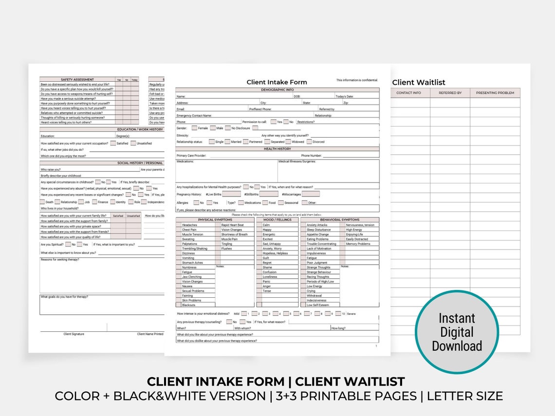 Client Intake Form Printable Therapy Office Documentation - Etsy