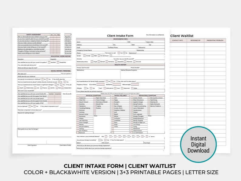 Client Intake Form Printable Therapy Office Documentation - Etsy