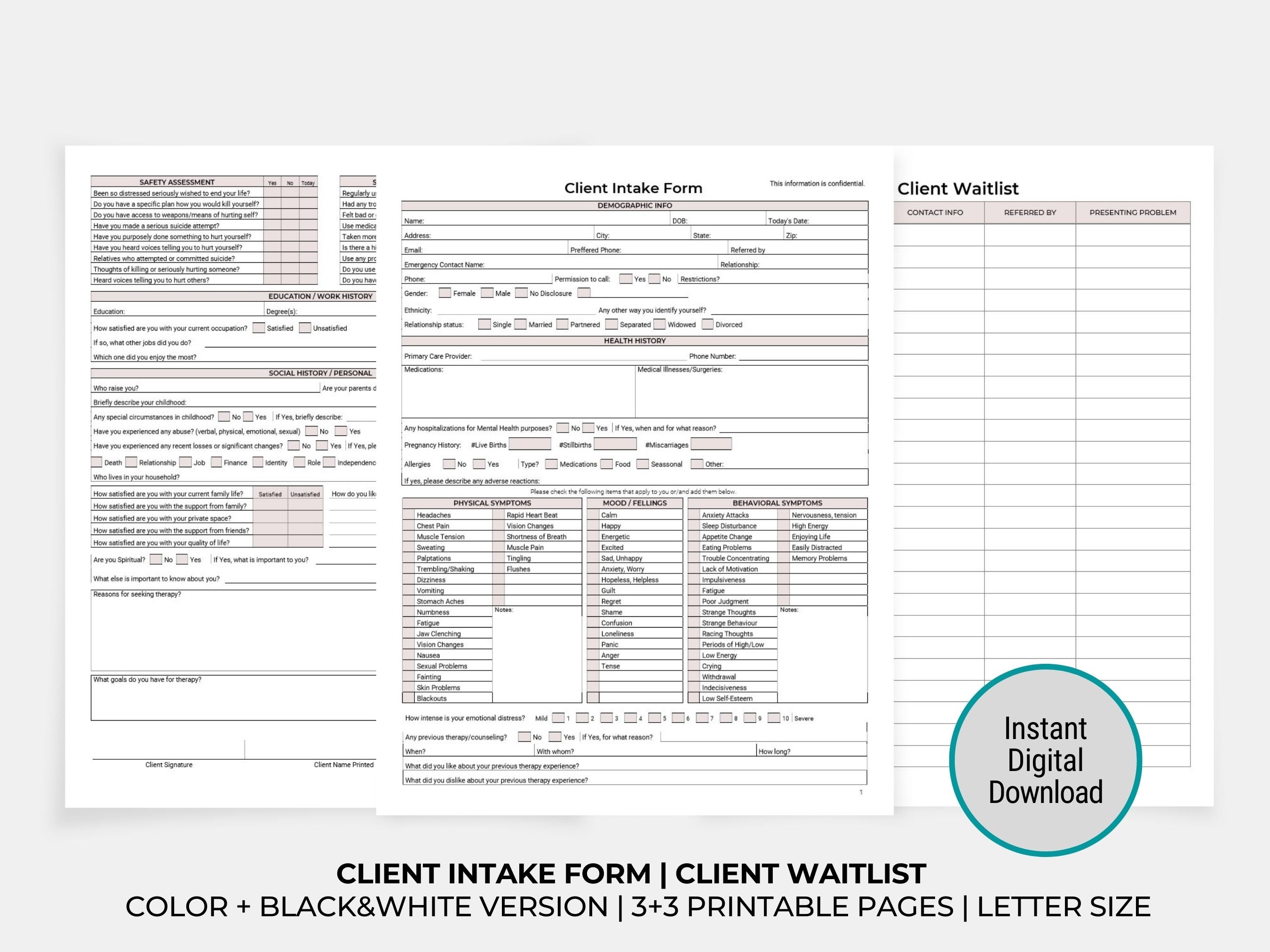 Client Intake Form Printable Therapy Office Documentation - Etsy