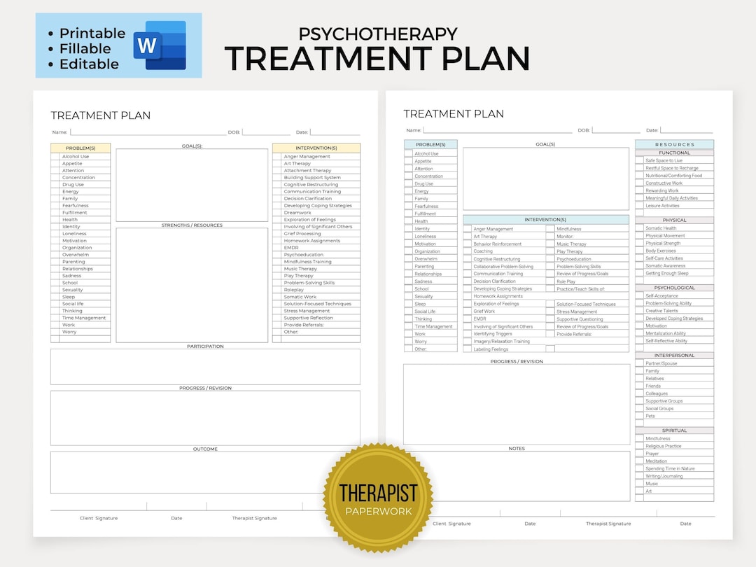 Psychotherapy Treatment Plan Editable Word Template - Etsy