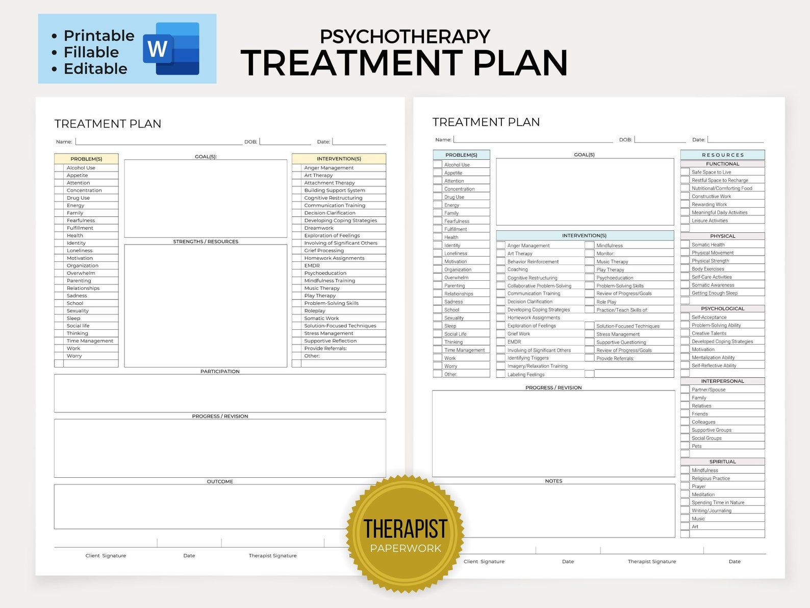 Psychotherapy Treatment Plan Editable Word Template - Etsy