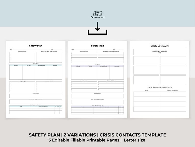 Safety Plan Template Crisis Plan Coping Skills Suicide - Etsy