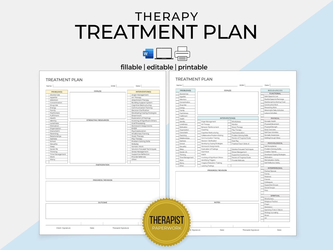 Psychotherapy Treatment Plan Editable Word Template, Counseling Plan ...