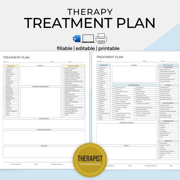 Psychotherapy Treatment Plan Printable, Therapist Paperwork, Counseling ...