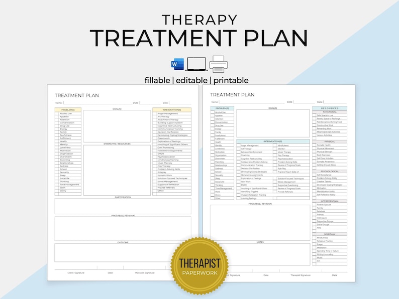 Psychotherapy Treatment Plan Editable Word Template, Counseling Plan ...