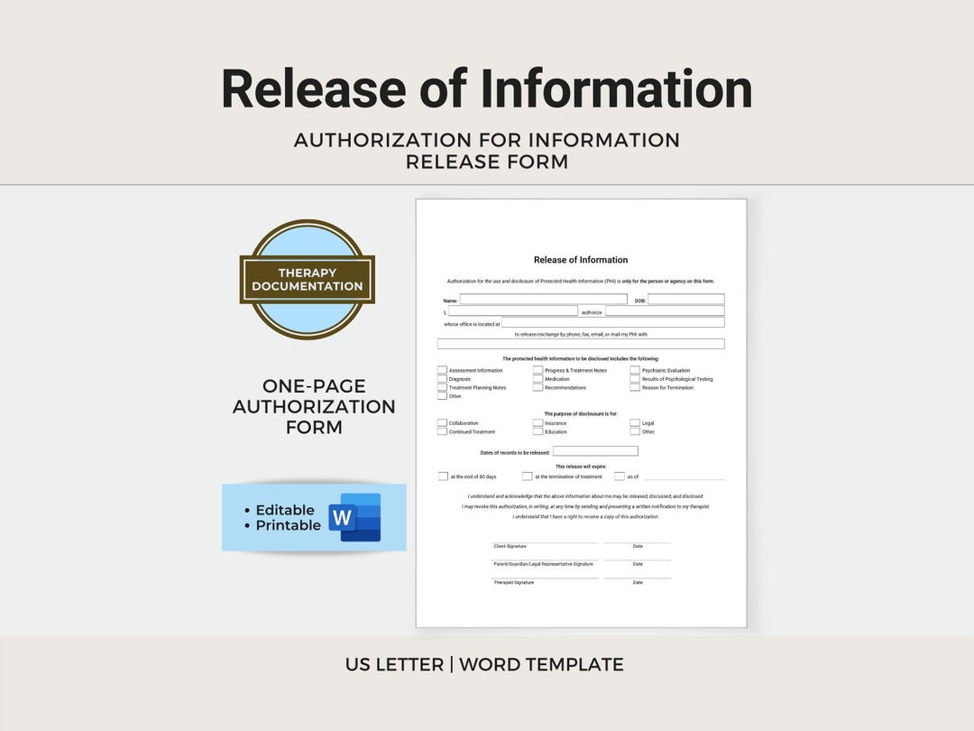 Release of Information, Therapy Practice Authorization Form (word Form ...