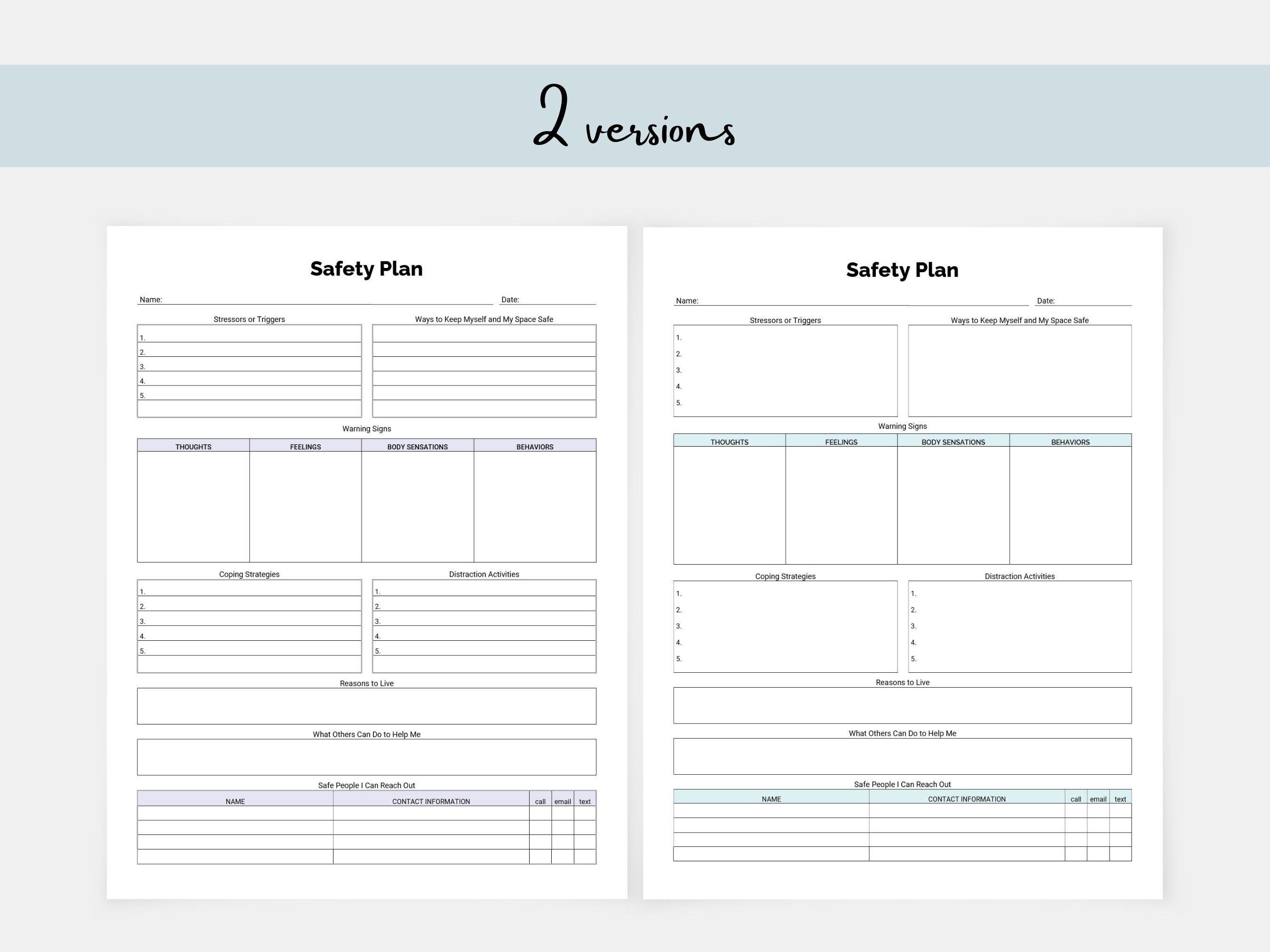 Safety Plan Template Crisis Plan Coping Skills Suicide - Etsy