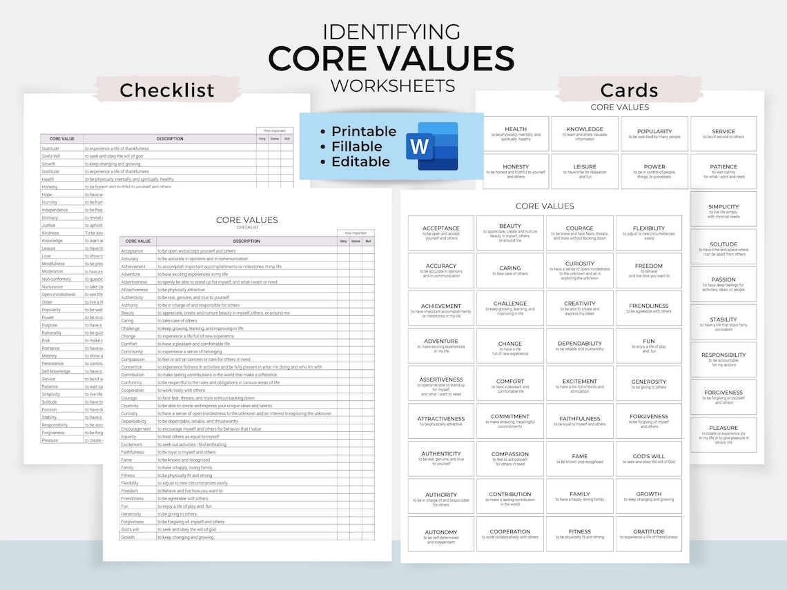 Identifying Core Values Worksheets Clarification Core Values - Etsy