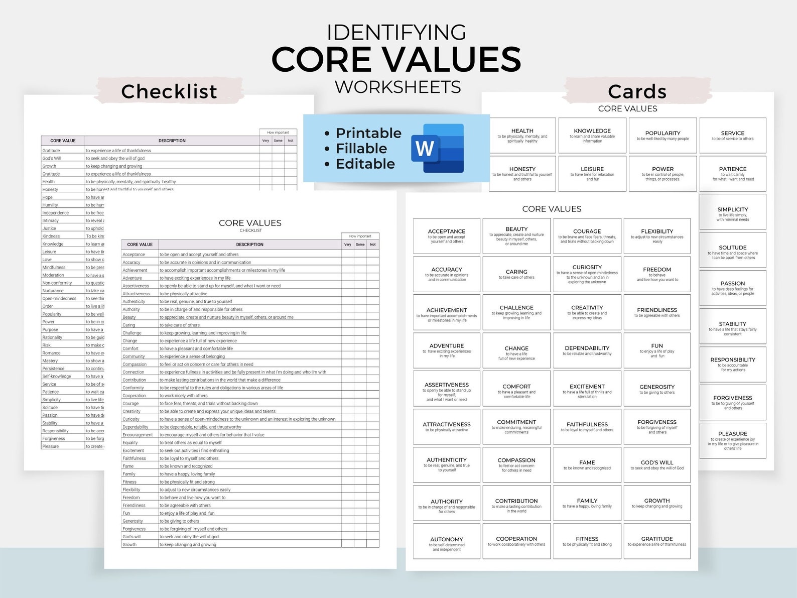 Identifying Core Values Worksheets Clarification Core Values - Etsy
