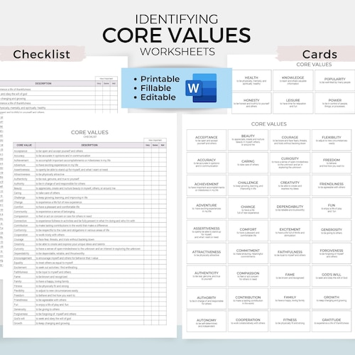 Identifying Core Values Worksheets Clarification Core Values - Etsy