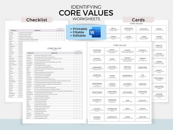 Identifying Core Values Worksheets Clarification Core Values - Etsy UK