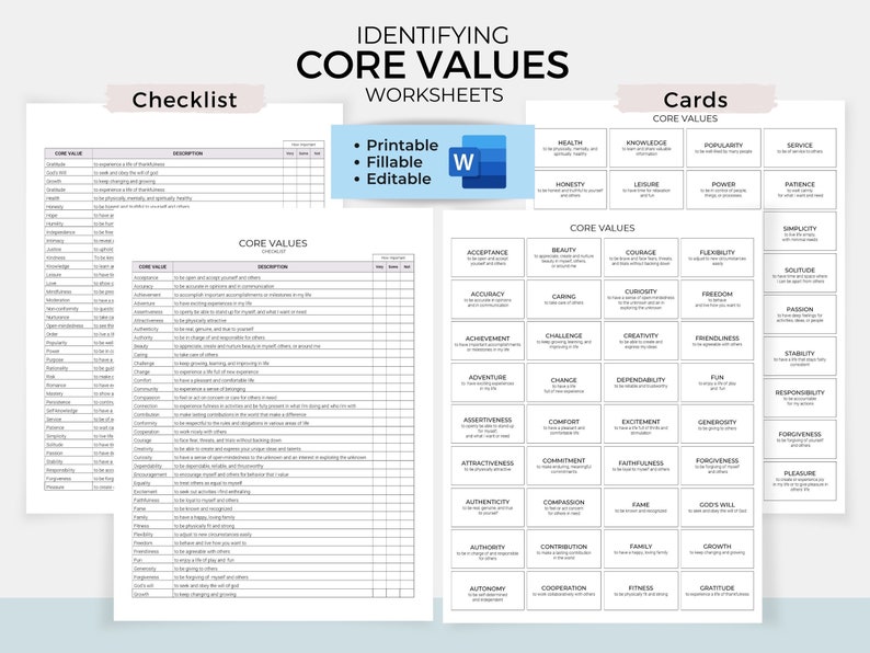 Identifying Core Values Worksheets Clarification Core Values - Etsy