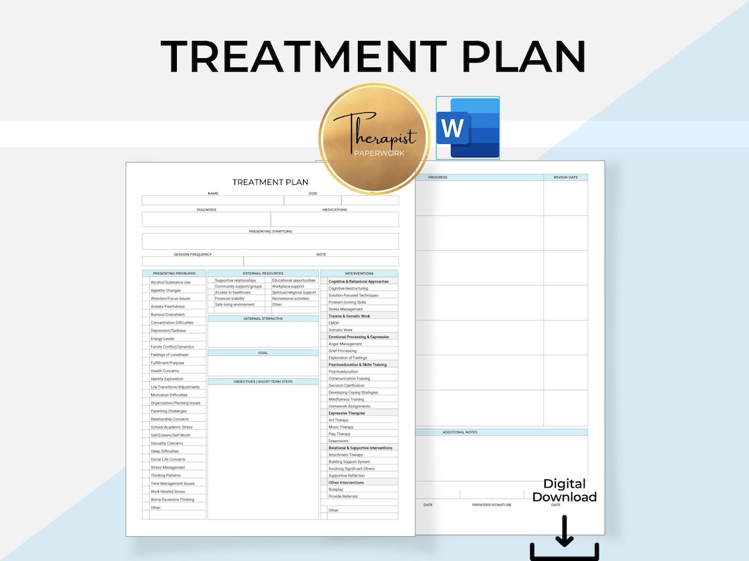 Therapy Treatment Plan Word Template, Psychotherapy Plan, Counseling ...