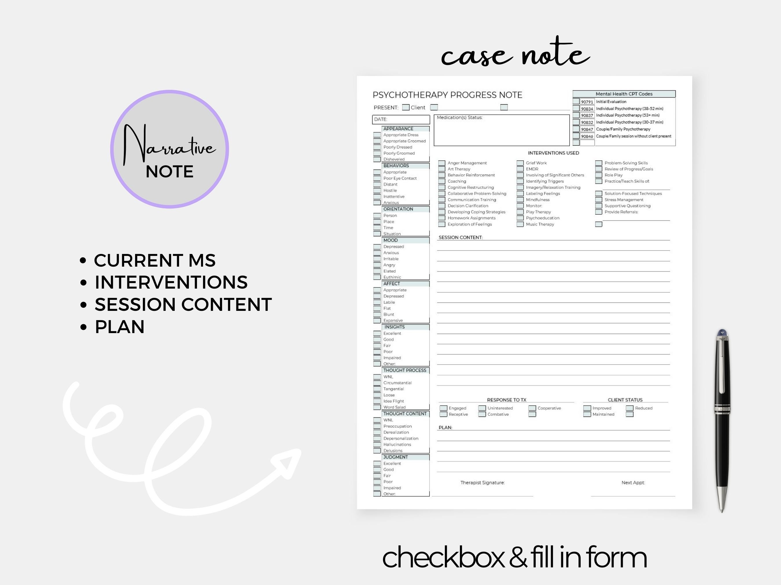 Psychotherapy Progress Note Template Narrative Note Therapy - Etsy