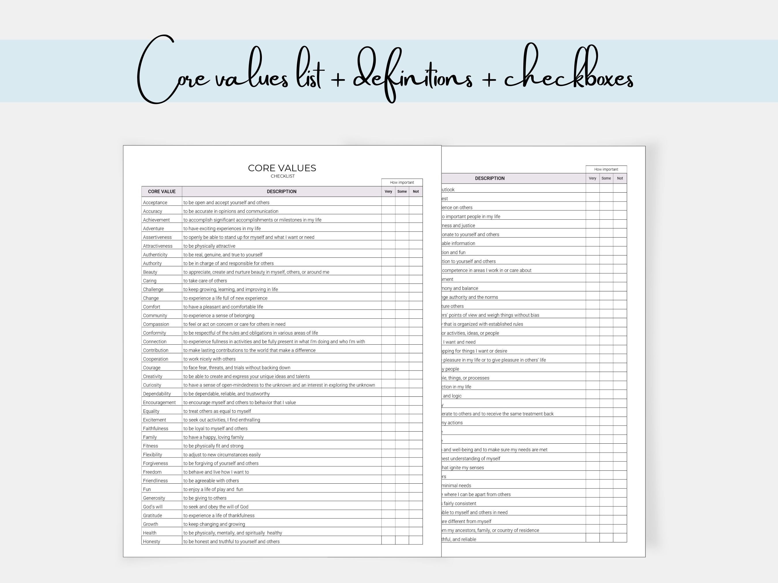 Identifying Core Values Worksheets, Clarification Core Values, CBT ...