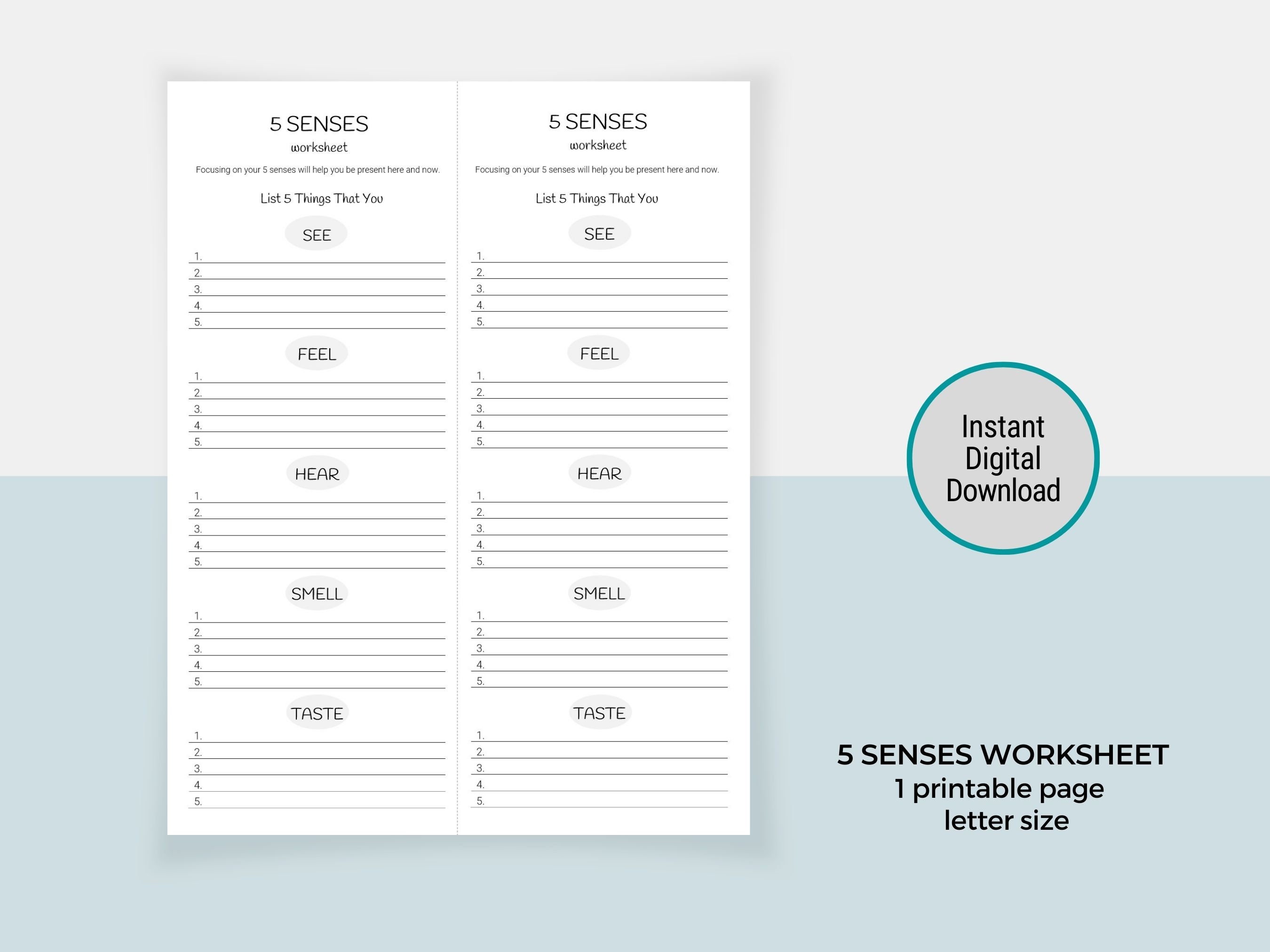 5 Senses Worksheet Mindfulness Activity Acceptance and - Etsy