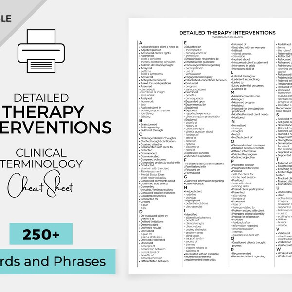 Therapy Notes and Intervention Cheat Sheet - Etsy