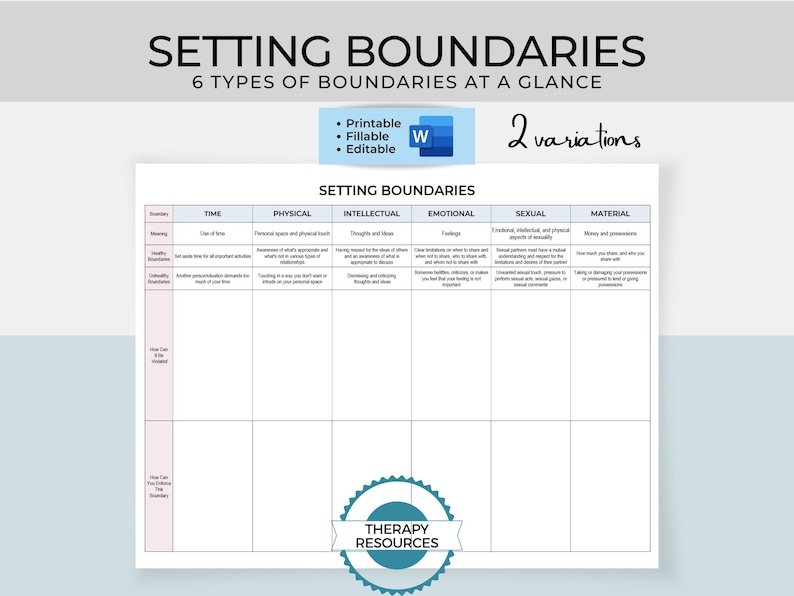 Setting Boundaries Template Fillable, Editable, Printable | Six Types ...