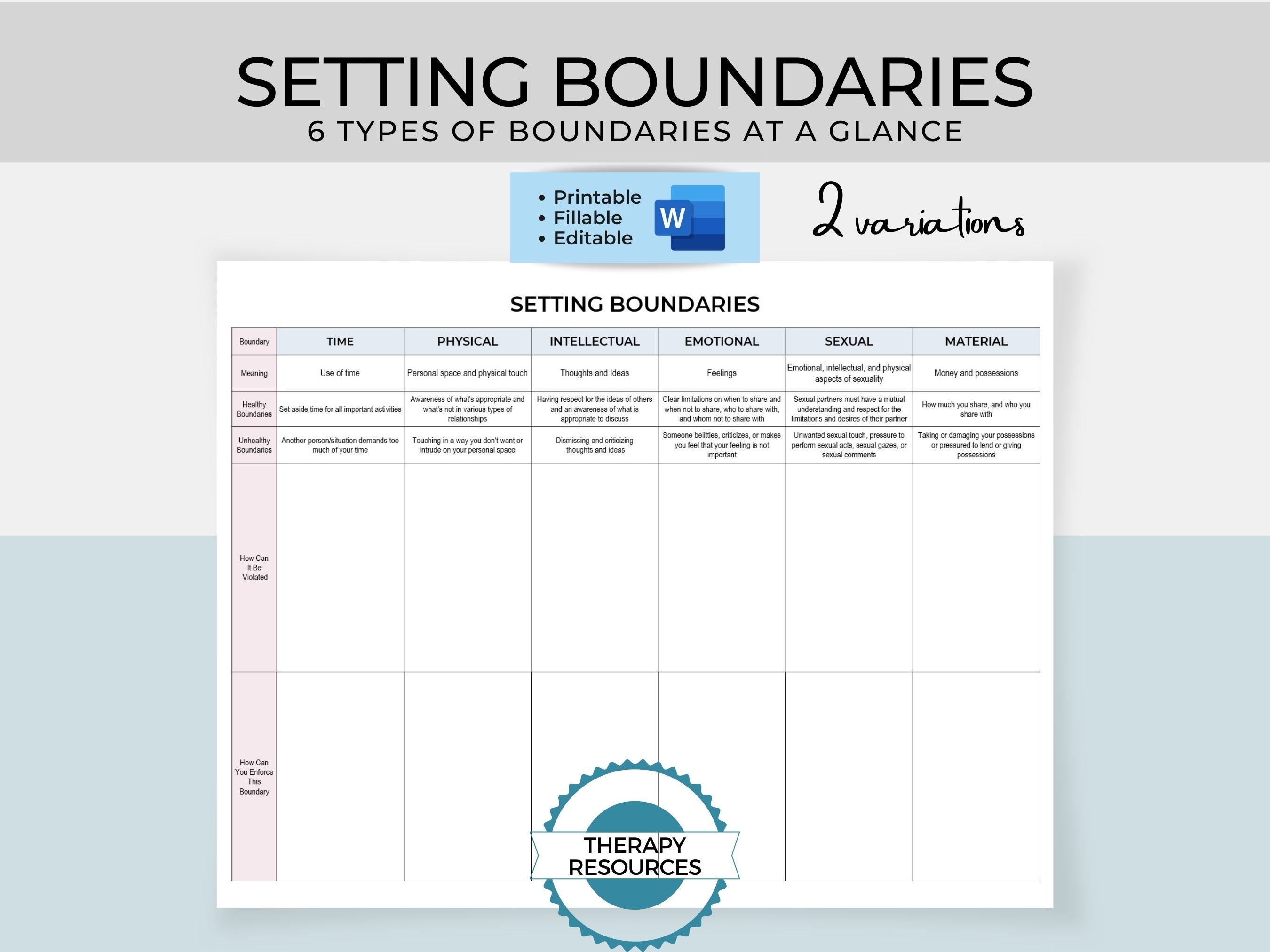Setting Boundaries Template Fillable, Editable, Printable | Six Types of Boundaries Worksheet ...