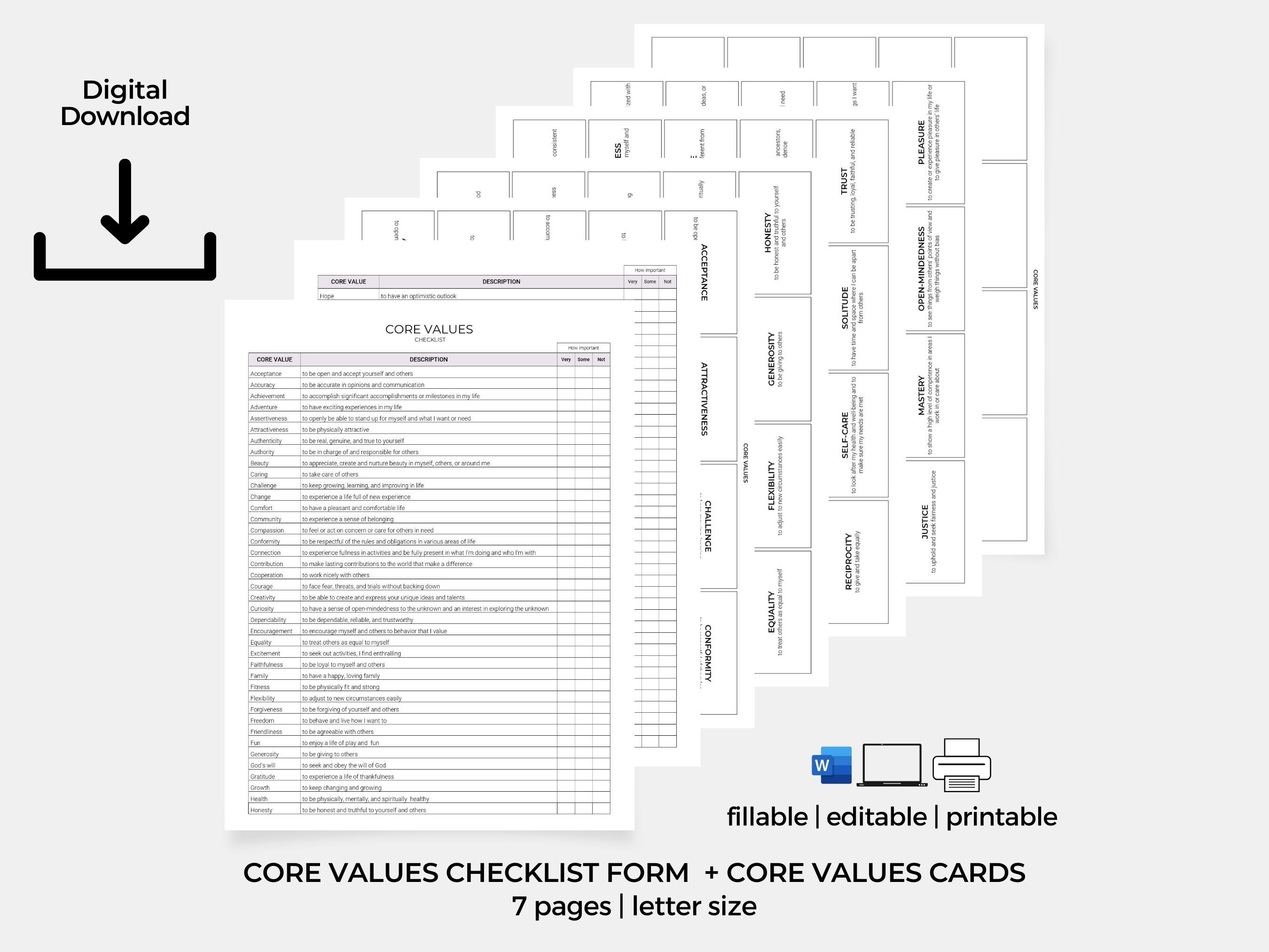 Identifying Core Values Worksheets, Clarification Core Values, CBT ...