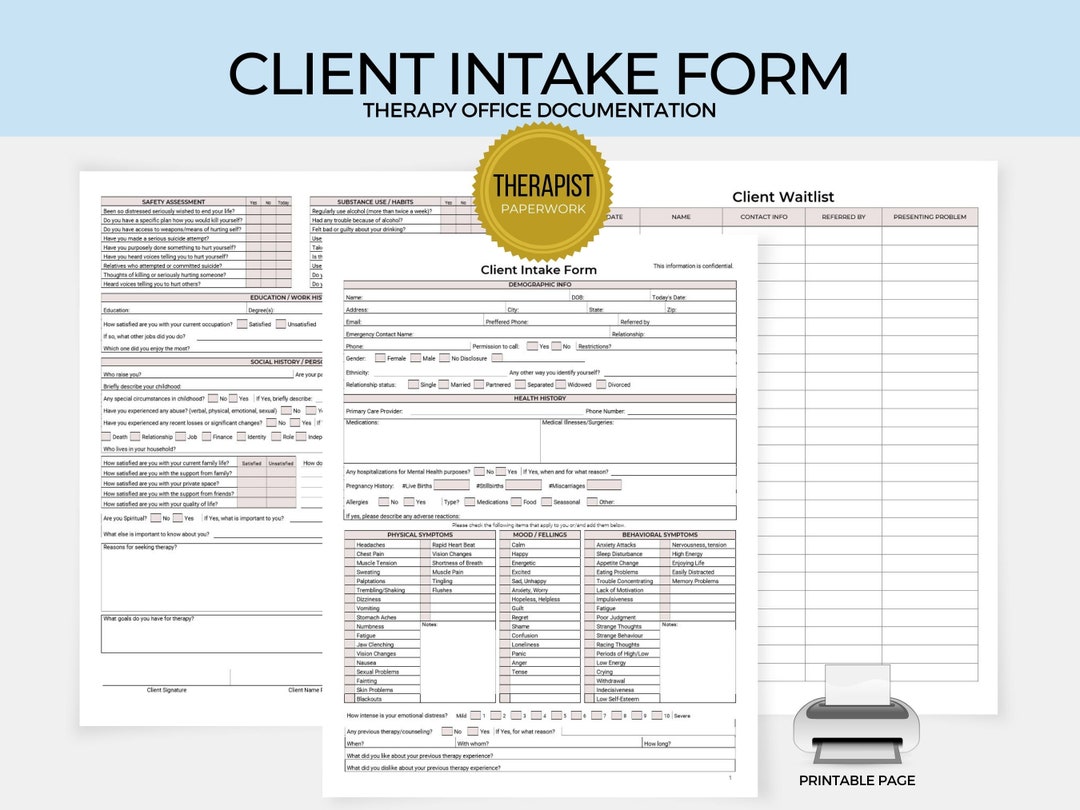 Client Intake Form Printable, Therapy Office Documentation, Counseling ...