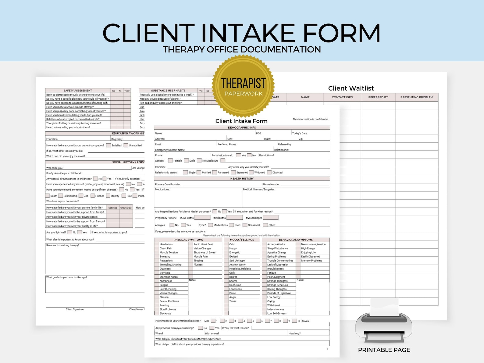 Client Intake Form Printable, Therapy Office Documentation, Counseling ...