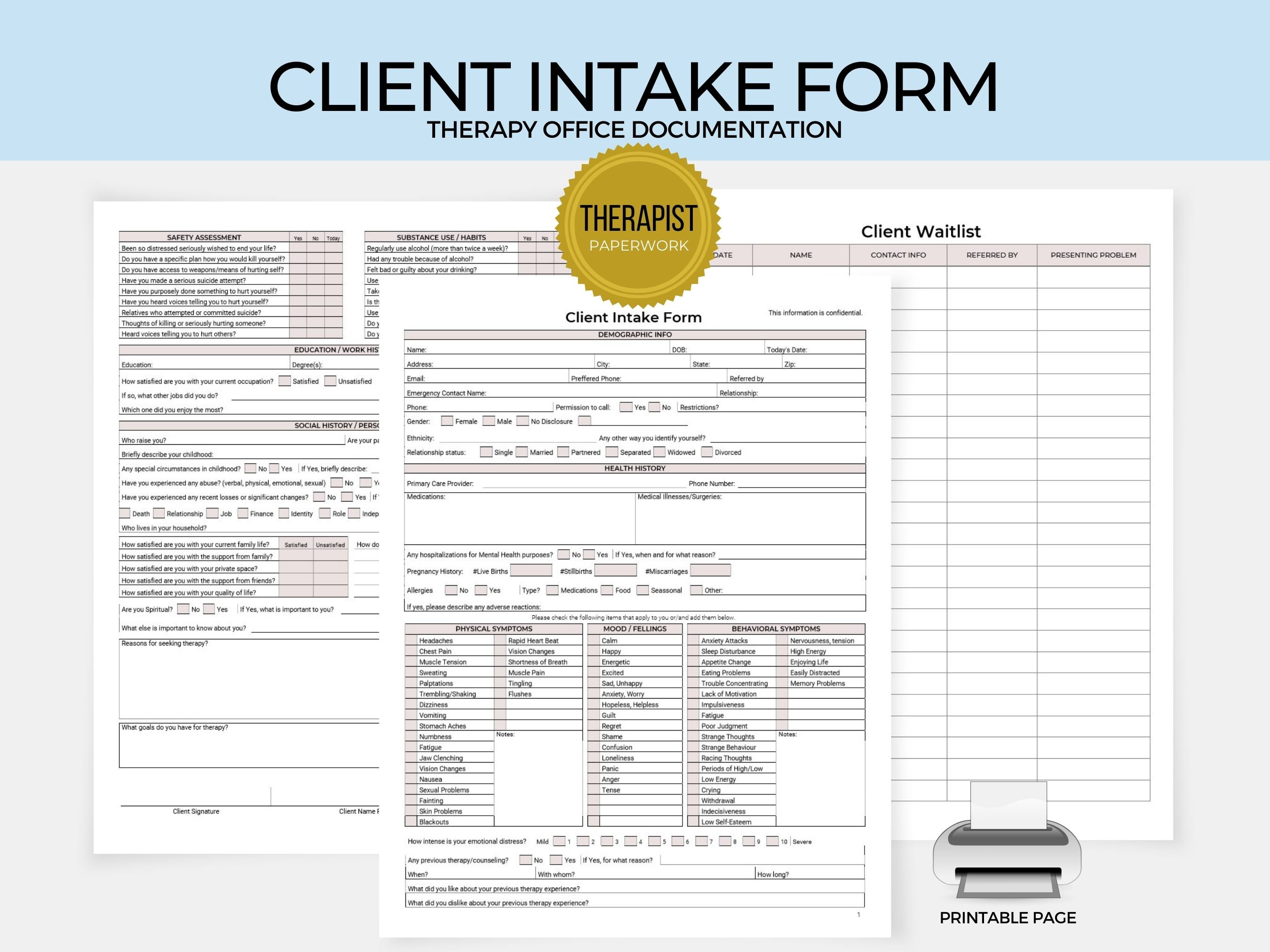Client Intake Form Printable, Therapy Office Documentation, Counseling ...