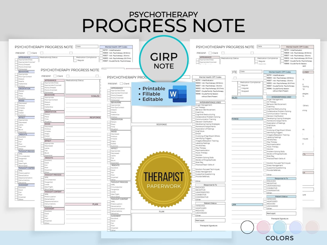 Psychotherapy Progress Note Template, GIRP Note, Therapy Practice ...